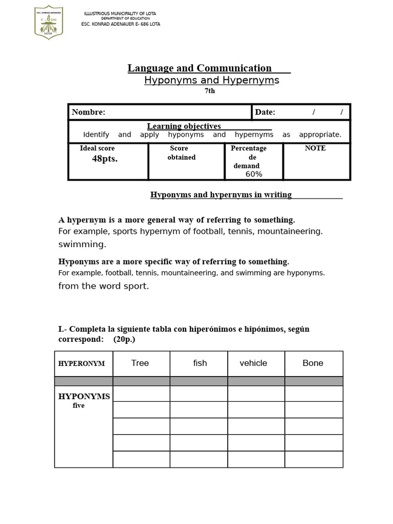 Hyponyms and Hypernyms Test 7m° | PDF | Lexical Semantics