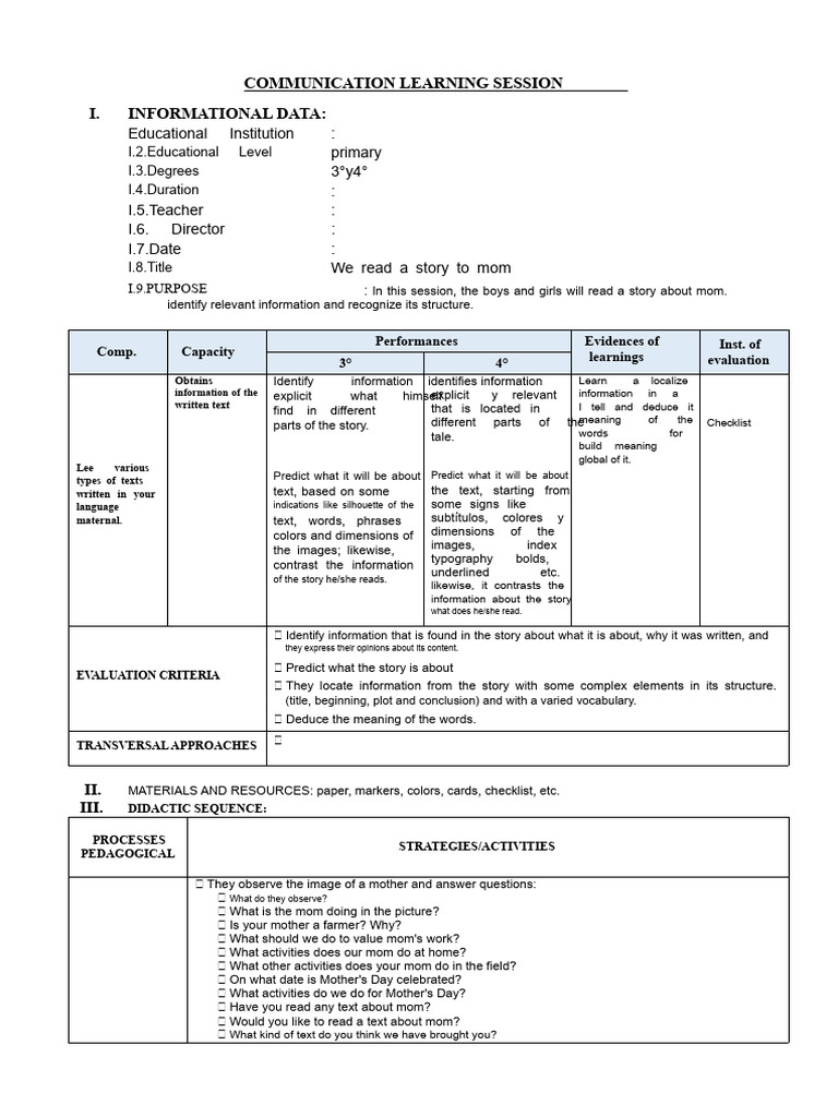 Learning Session of Communication We Read A Story To Mom | PDF ...