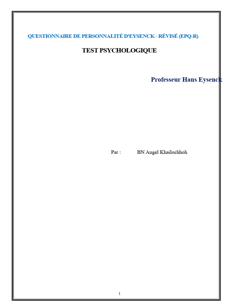 Questionnaire de Personnalité d'Eysenck EPQ-R | PDF | Introversion et ...
