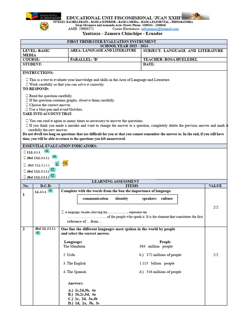 Evaluation Instrument For Language and Literature First Trimester | PDF ...
