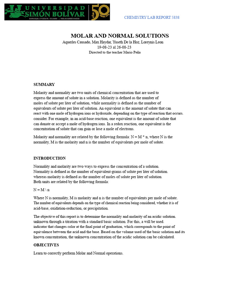 Molar and Normal Solutions | PDF | Mole (Unit) | Concentration
