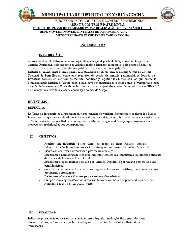 Plano de Trabalho - Inventário 2022 | PDF | Contabilidade | Inventário