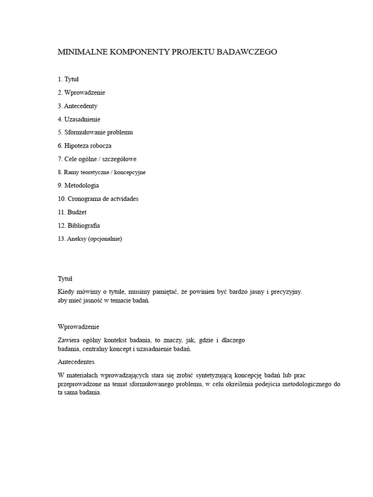 Minimalne Komponenty Projektu Badawczego II | PDF