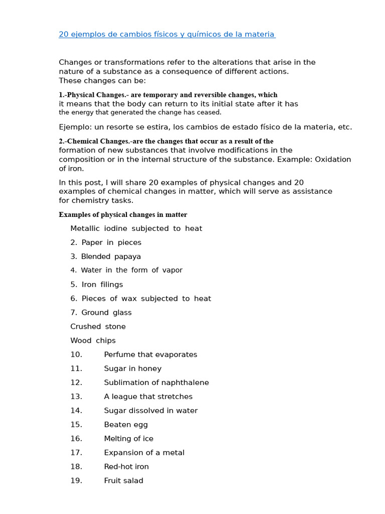 20 Examples of Physical and Chemical Changes of Matter | PDF | Chemical ...