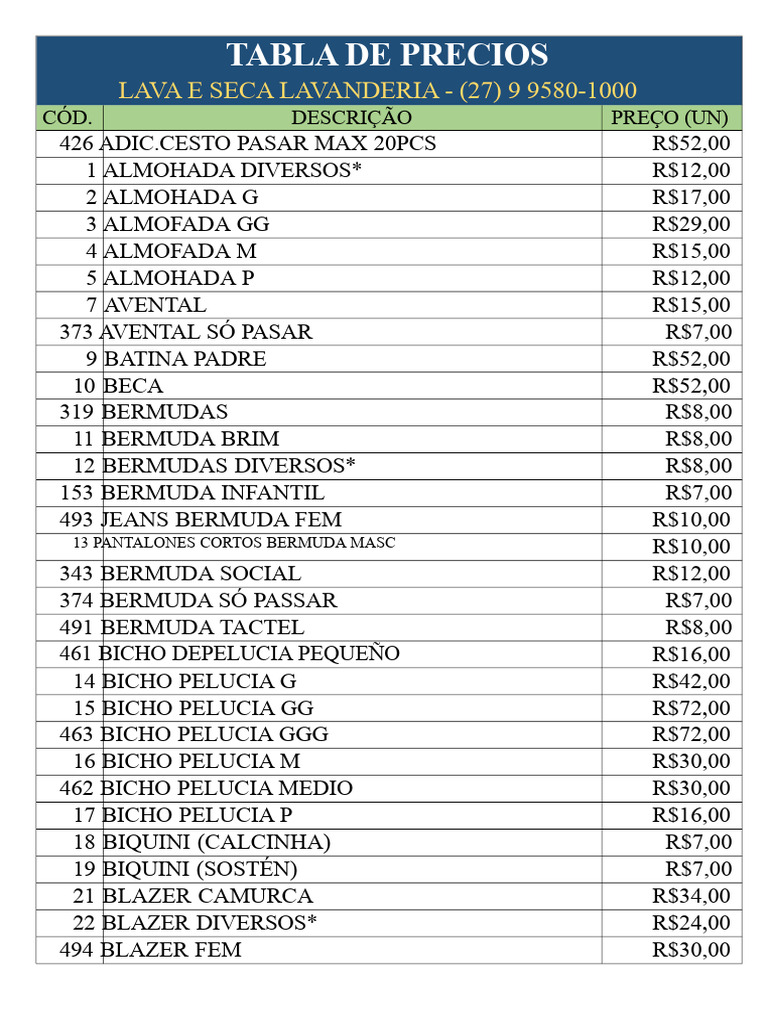 Tabla-de-Precios-2021-Lava-y-Seca-Lavandería-Pieza-a-Pieza (1) | PDF