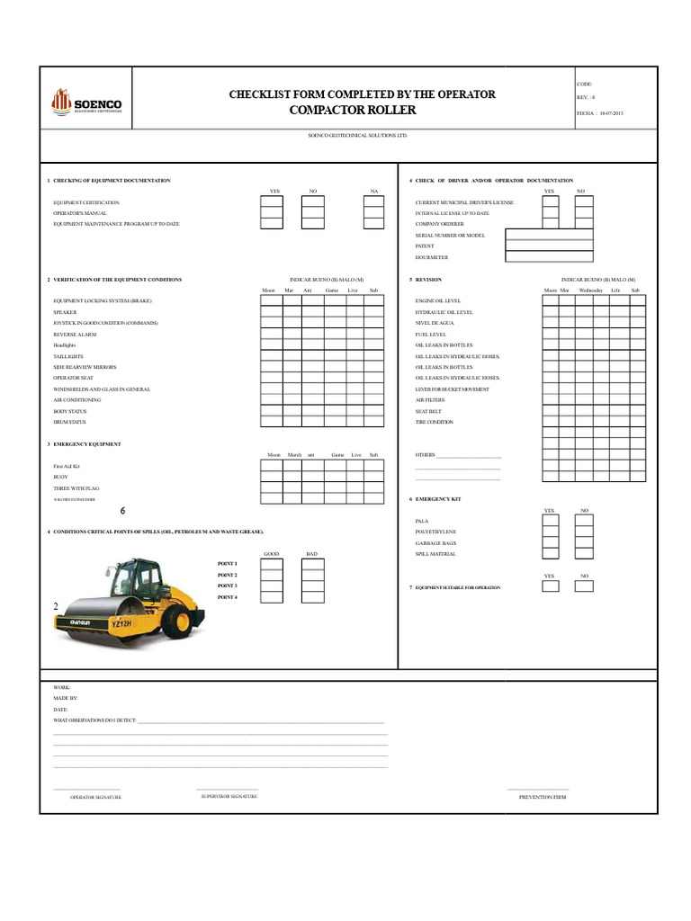 Roller Compactor Checklist 2016 | PDF | Car Body Styles | Motor Vehicle