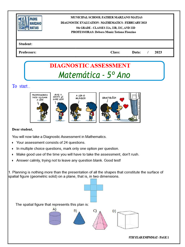 2023 - 5th Year - DIAGNOSTIC ASSESSMENT | PDF | Multiple Choice ...
