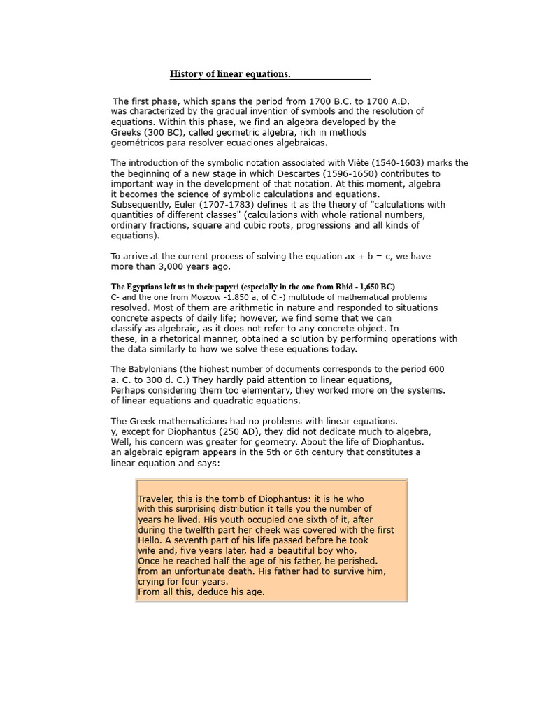 History of Linear Equations | PDF | Equations | Algebra