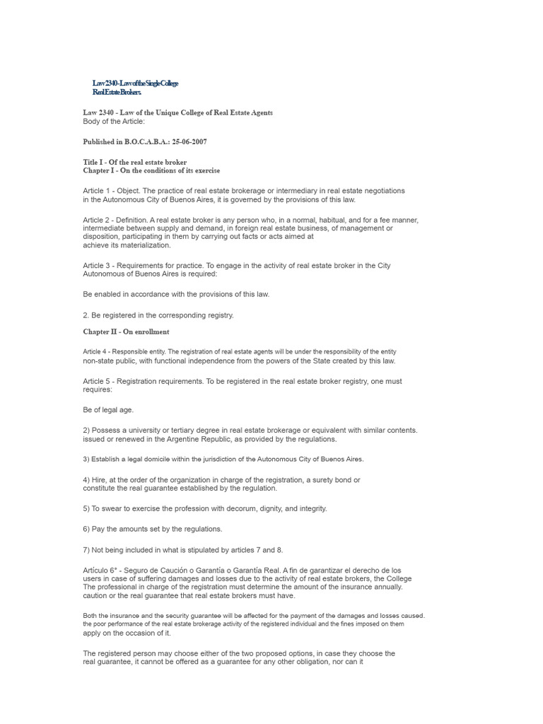 Law 2340 - Real Estate Brokerage | PDF | Guarantee | Board Of Directors