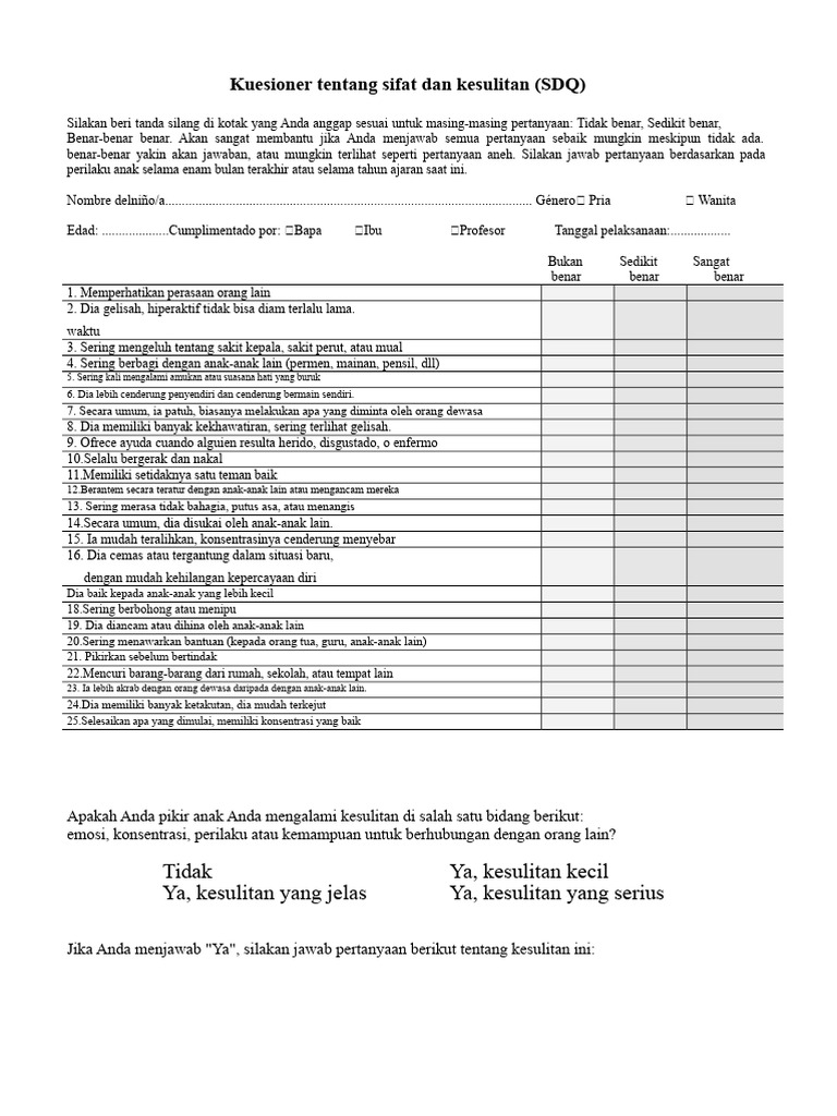 SDQ Kuesioner Kualitas dan Kesulitan | PDF