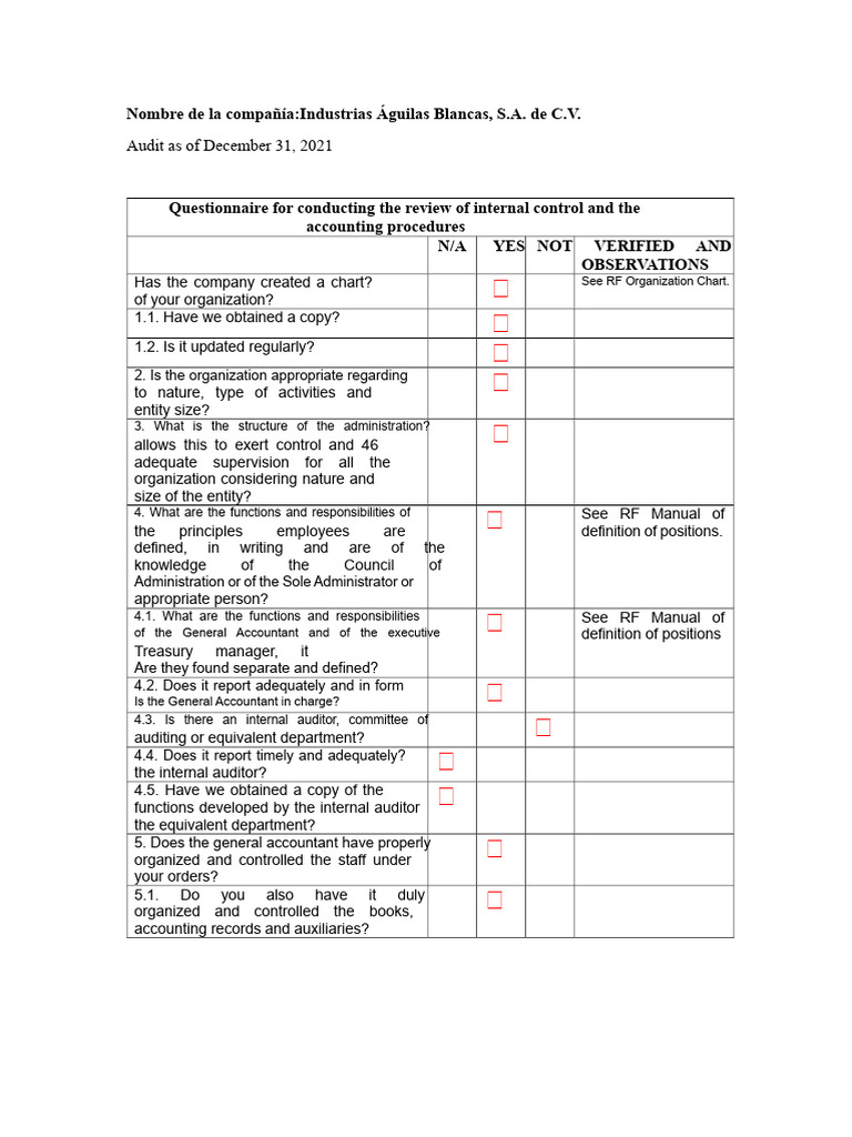 Internal Control Audit Questionnaire 2021 | PDF | Employment | Internal ...