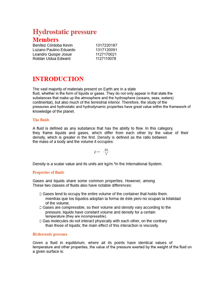 Hydrostatic Pressure Report | PDF | Pressure | Density