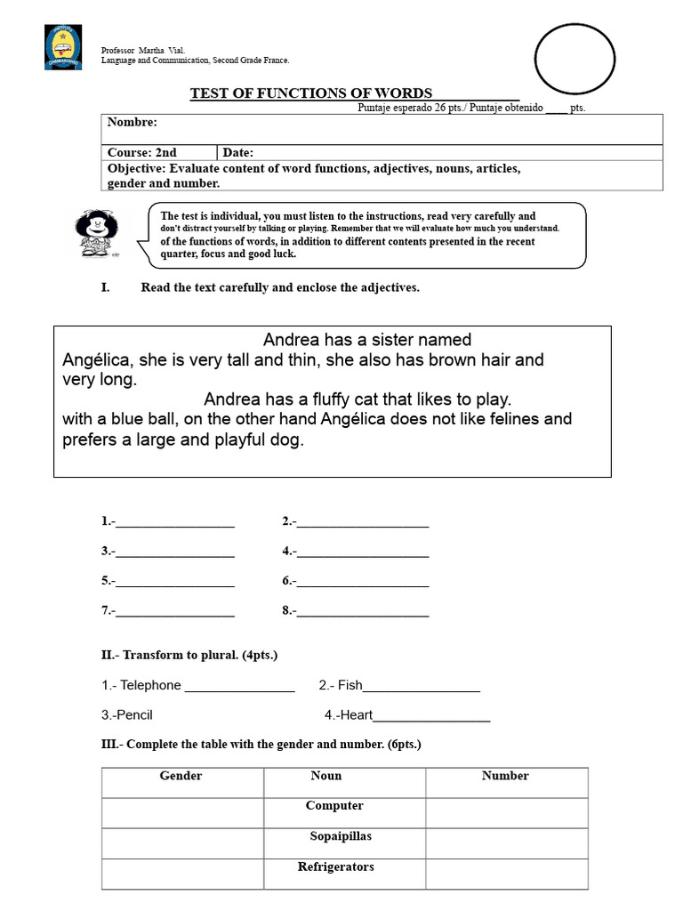 Test of Word Functions | PDF | Grammatical Gender | Noun