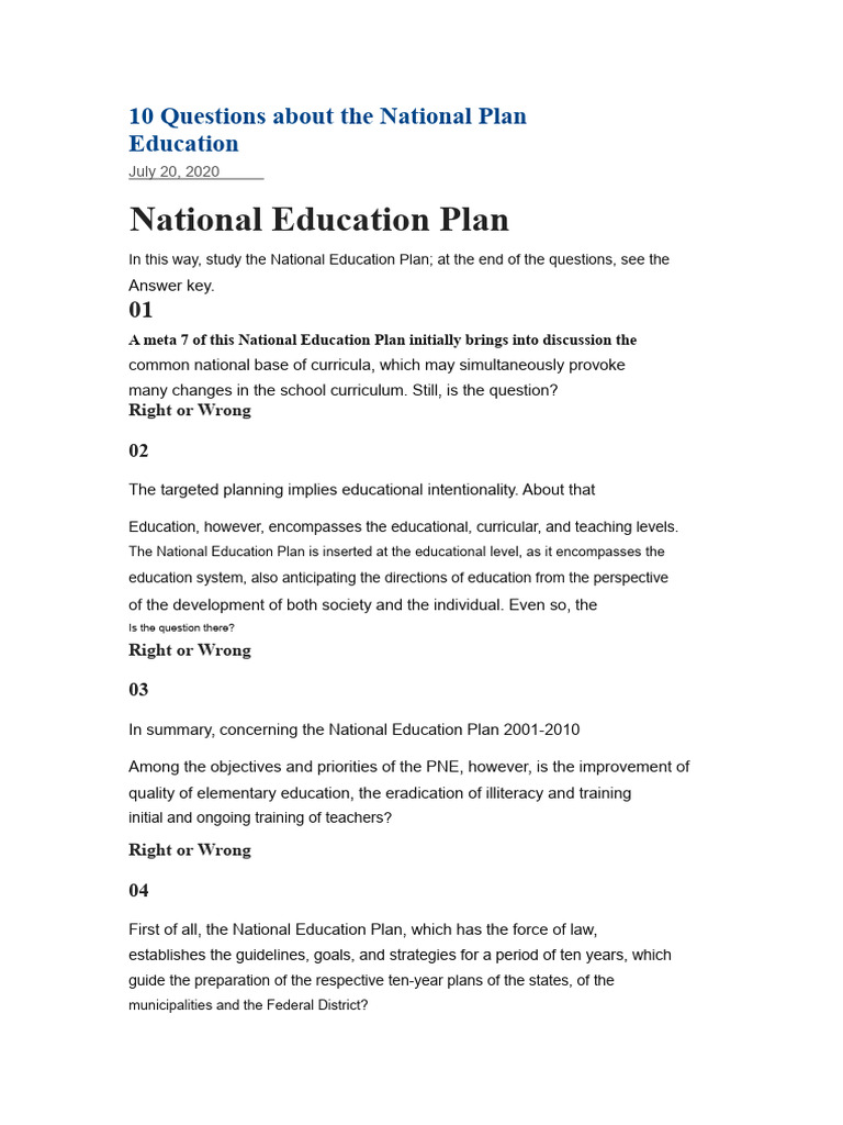 10 Questions National Education Plan | PDF | Curriculum
