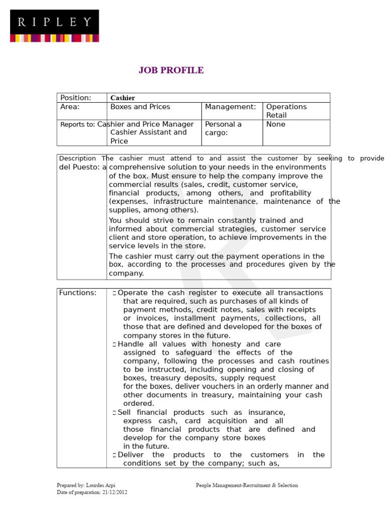 Job Profile Cashier | PDF | Sales | Business