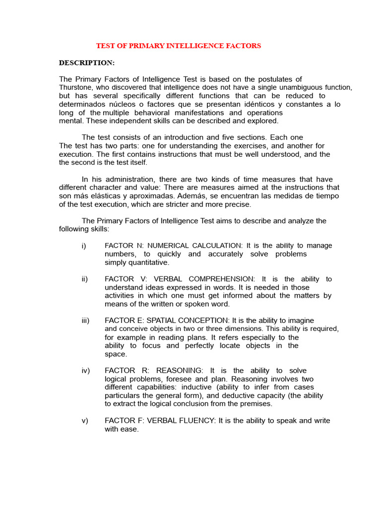 Primary Factors of Intelligence Test | PDF | Intelligence ...