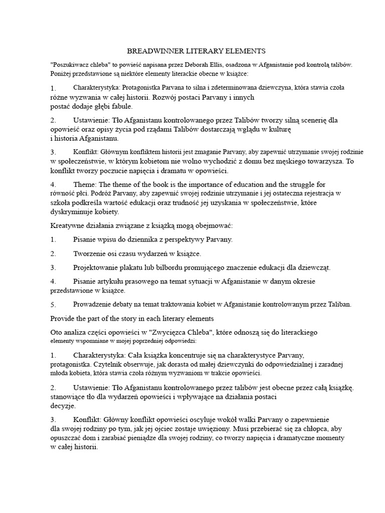 Elementy Literackie W "Breadwinner" | PDF