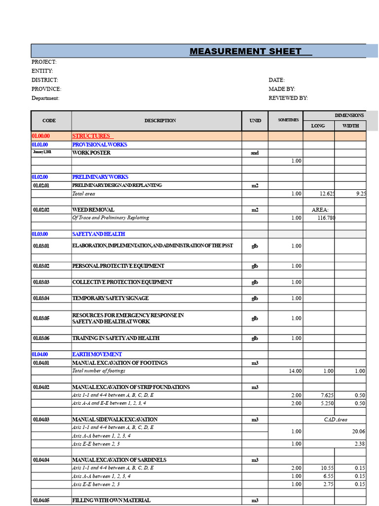 Construction Measurement Sheet Template | PDF | Concrete | Civil ...