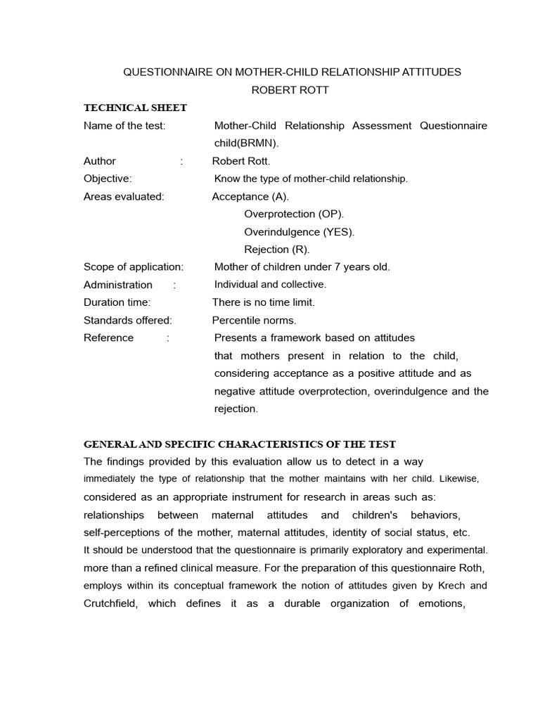 Mother-Child Relationship Assessment Tool | PDF | Attitude (Psychology ...