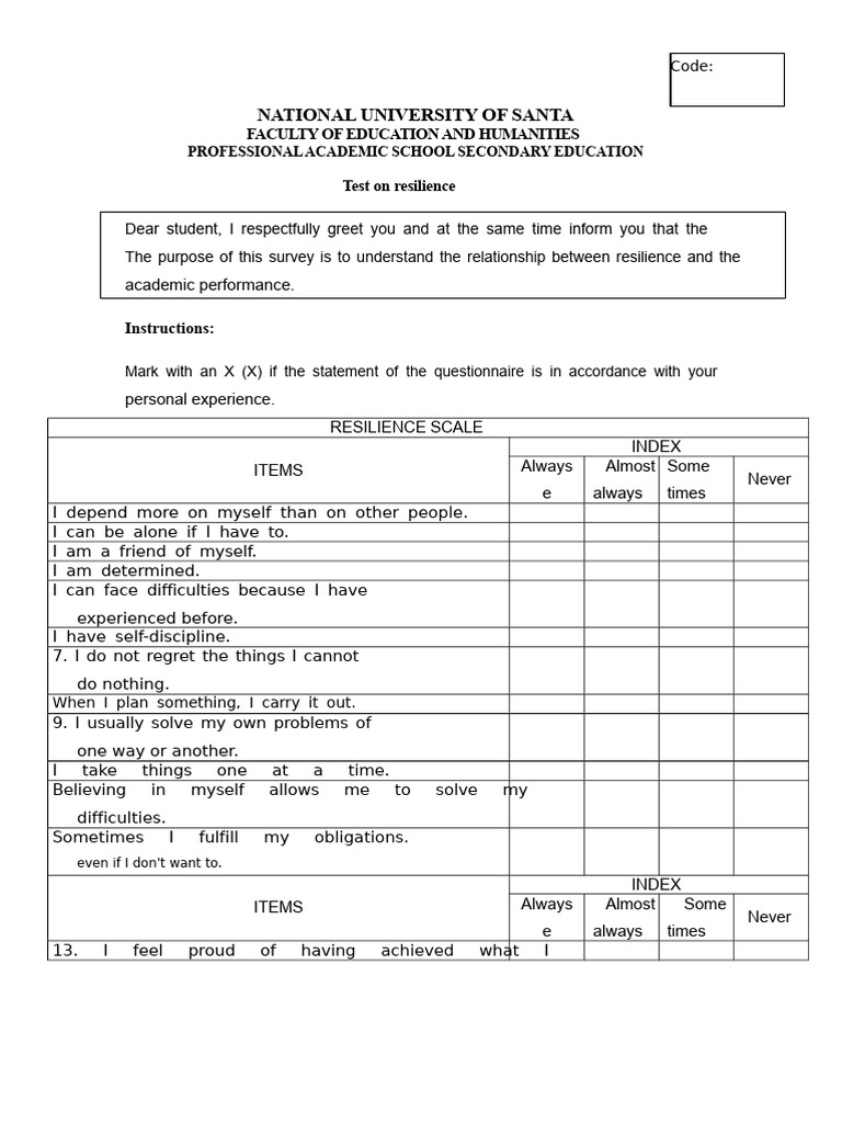 Resilience Test Survey | PDF | Psychological Resilience | Cognition