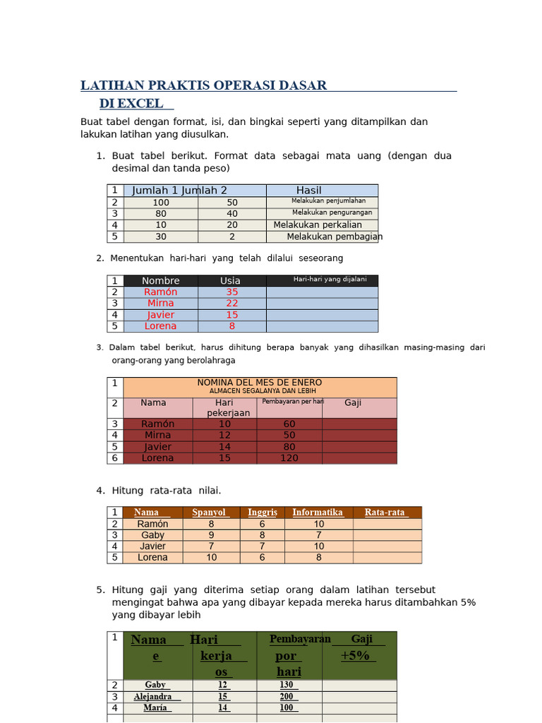 LATIHAN EXCEL OPERASI PENJUMLAHAN, PENGURANGAN, PERKALIAN, DAN ...