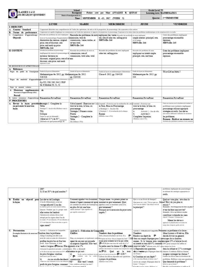 Leçon de Mathématiques : Pourcentages et Opérations | PDF | Pourcentage ...