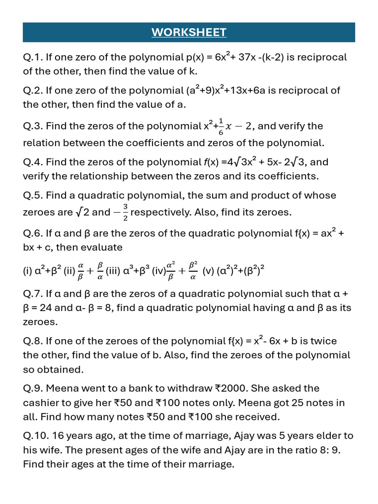 Polynomial Zeros and Age Problems Worksheet | PDF