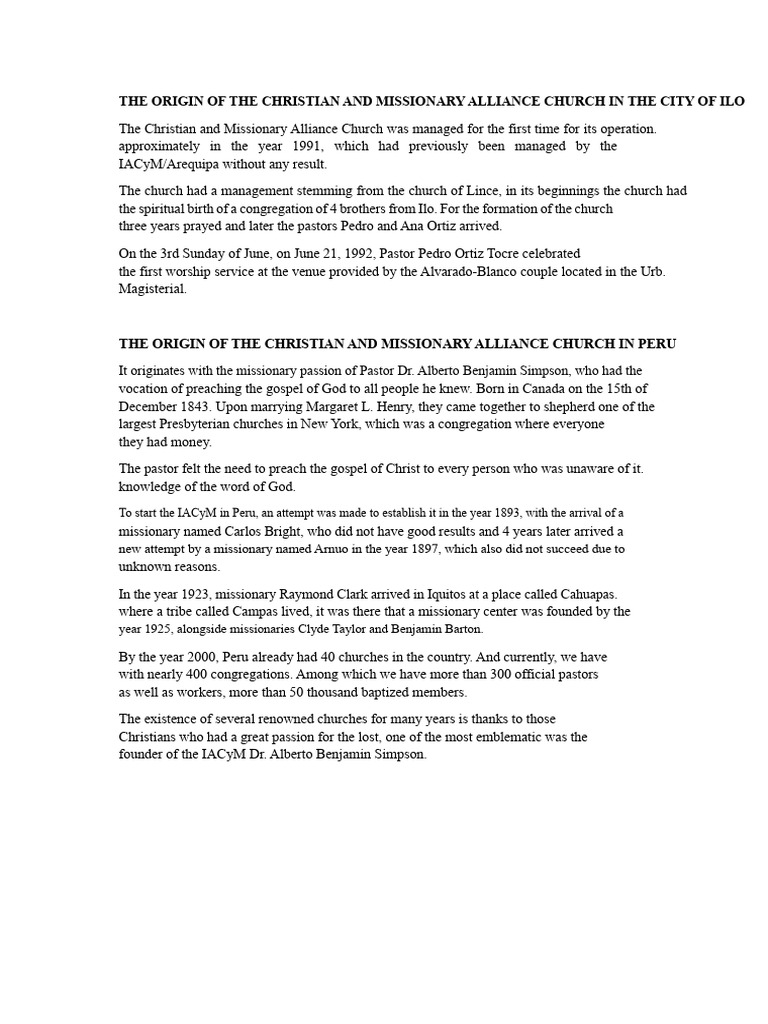 The Origin of The Christian and Missionary Alliance Church | PDF