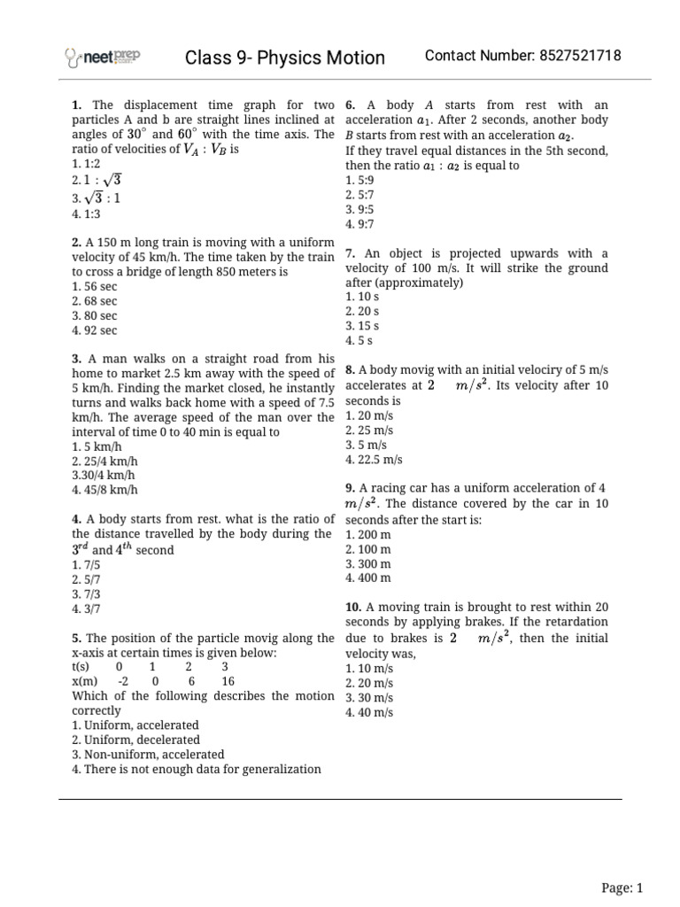 Class 9 - Physics Motion | PDF | Acceleration | Velocity