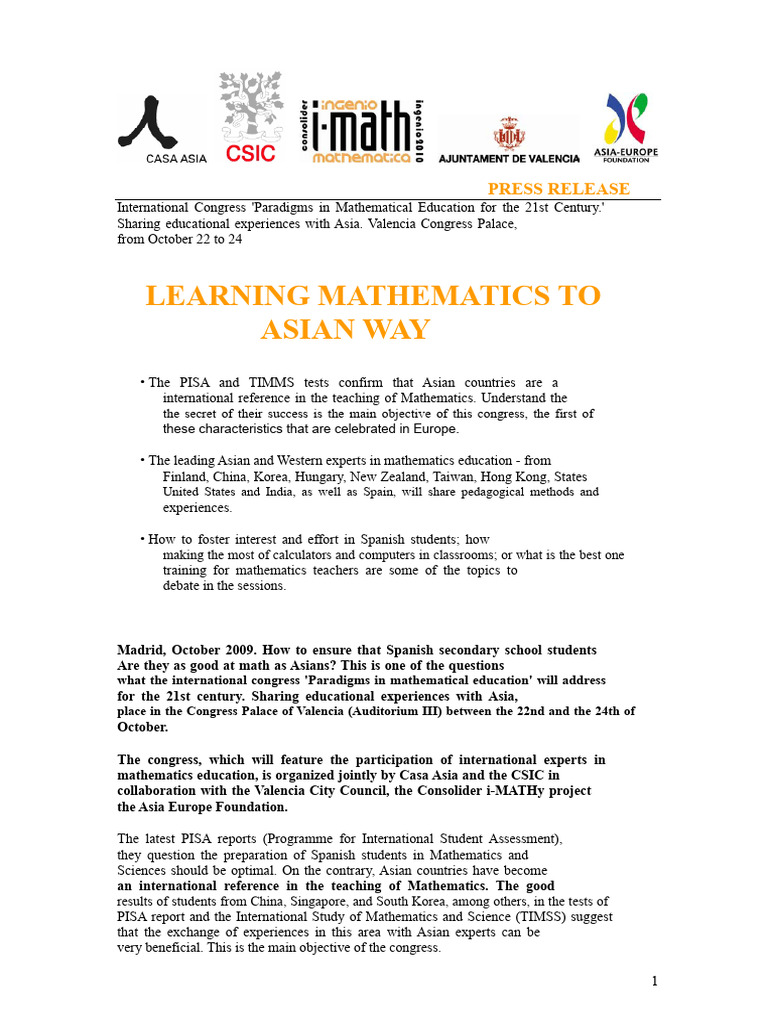 How To Learn Mathematics The Asian Way | PDF | Programme For ...