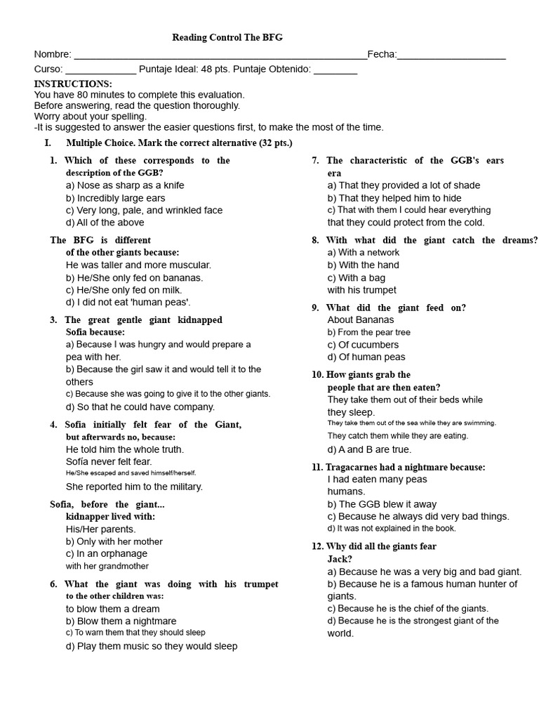 BFG Reading Comprehension Evaluation | PDF