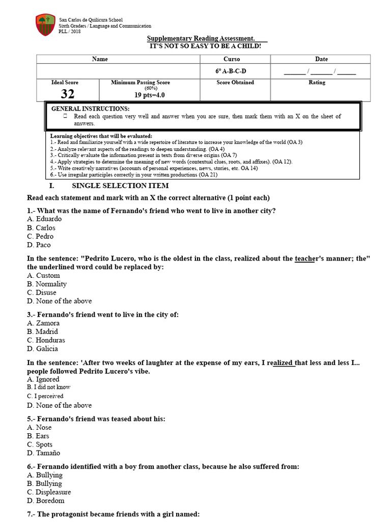 Sixth Grade Reading Assessment Guide | PDF | Human Communication ...