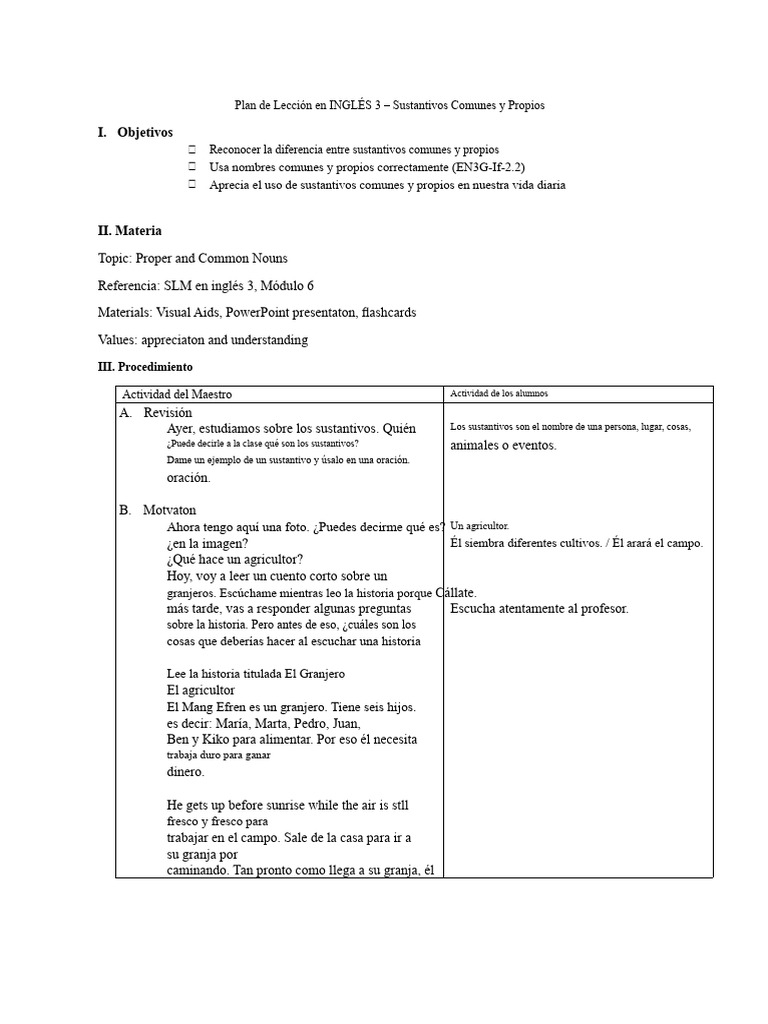Plan de Lección en ESPAÑOL - 3 Sustantivos Comunes y Propios | PDF ...