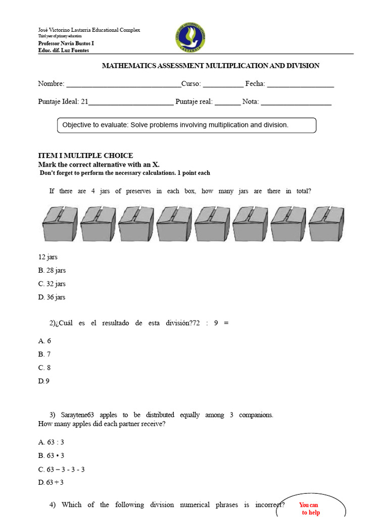 Multiplication and Division Test Suitability 1 | PDF | Multiple Choice