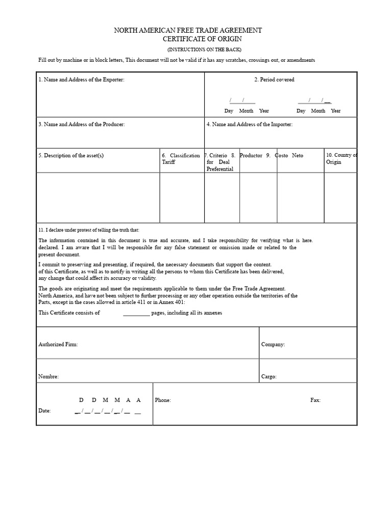 NAFTA Certificate of Origin Instructions | PDF | International Trade ...