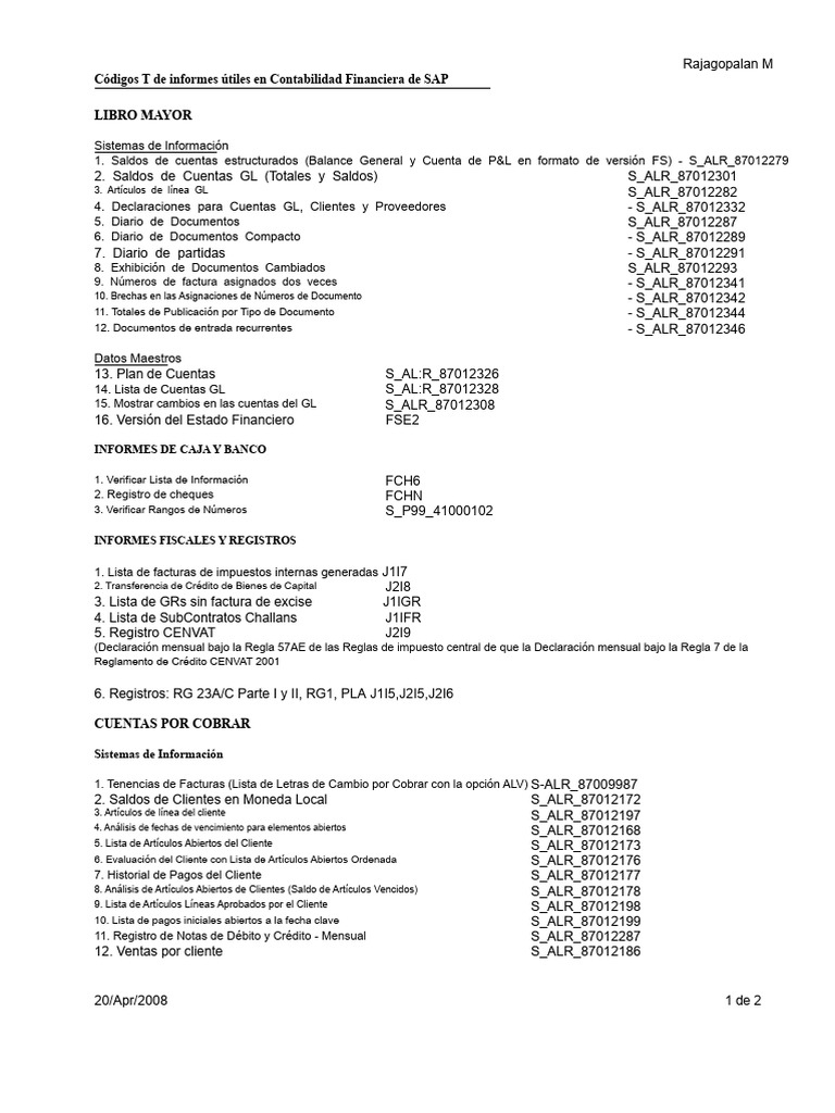 Códigos de Transacción de Informes Útiles en SAP FI | PDF ...