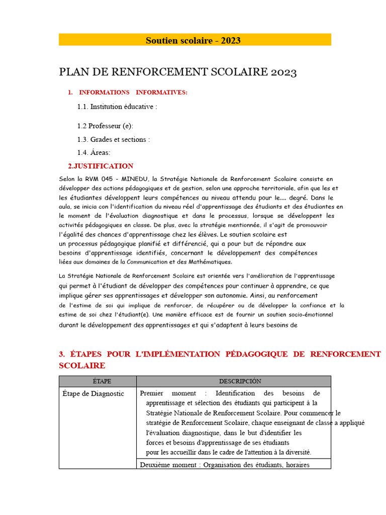 Plan de Renforcement Scolaire 2023 | PDF | Apprentissage | Pédagogie