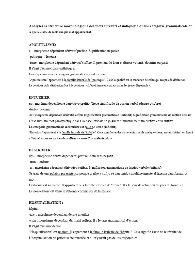 Analyse morphologique des mots en espagnol | PDF | Verbe ...