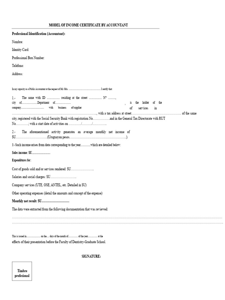Income Certificate Template for Accountants | PDF