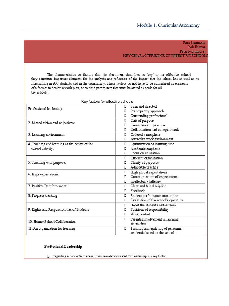 Key Factors for Effective Schools | PDF | Leadership | Teachers