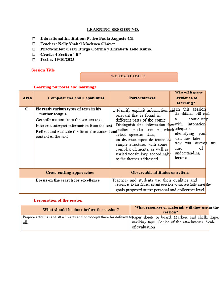 Comic Strip Reading Session Plan | PDF | Information | Reading ...