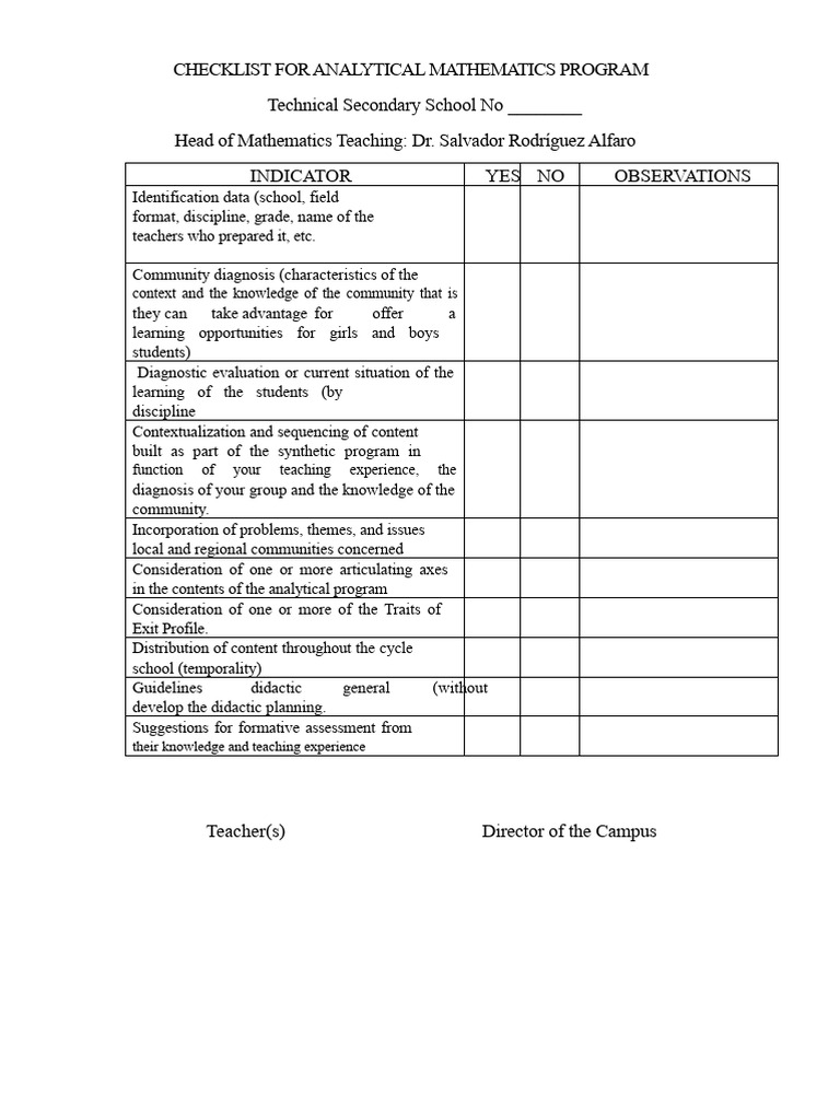 Checklist For The Analytical Program of Mathematics | PDF