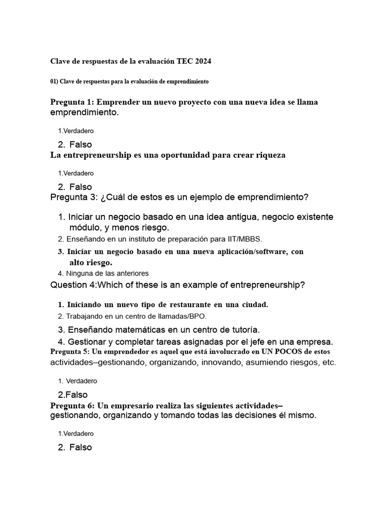 Clave de Respuestas de La Evaluación TEC 2024 | PDF | Iniciativa ...
