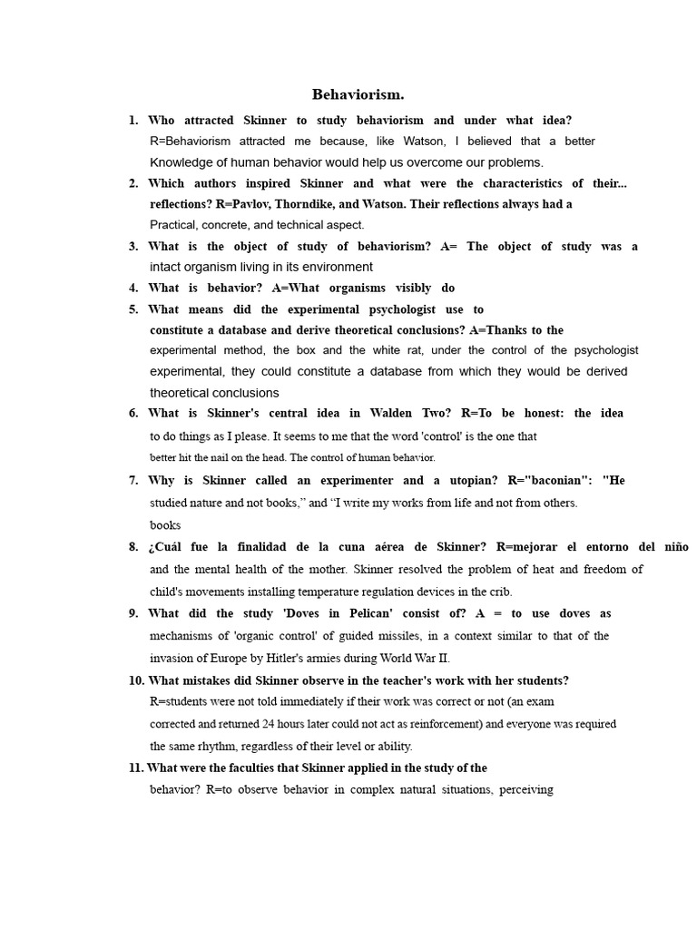 Skinner's Behaviorism Questionnaire | PDF | Reinforcement | Behaviorism