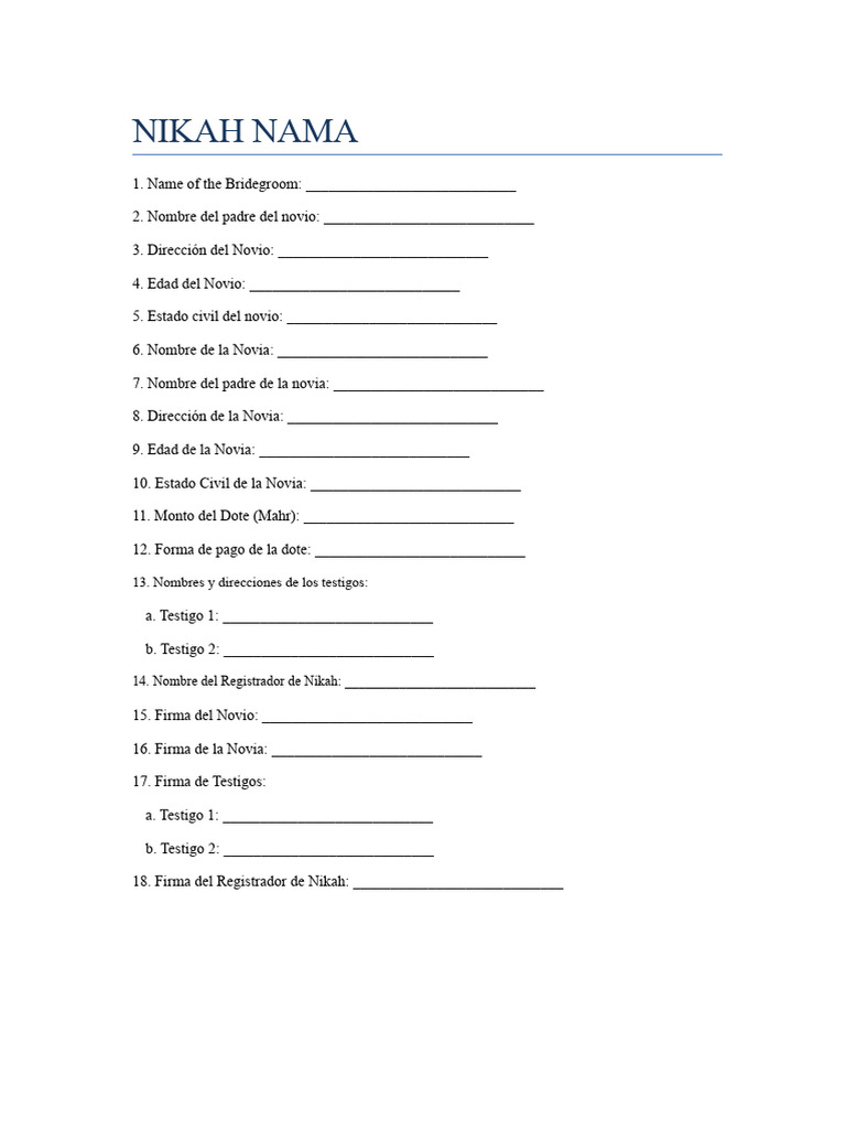 Formulario de Nikah Nama para Matrimonio | PDF