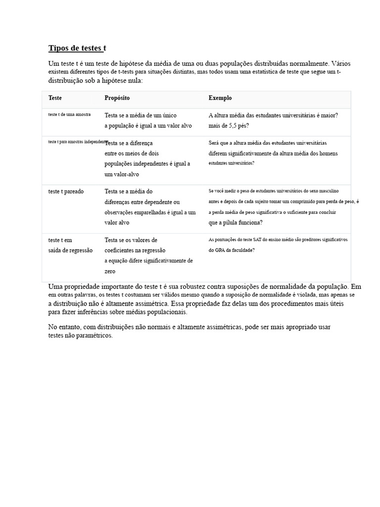 Tipos de Testes T | PDF | Teste T de Student | Média