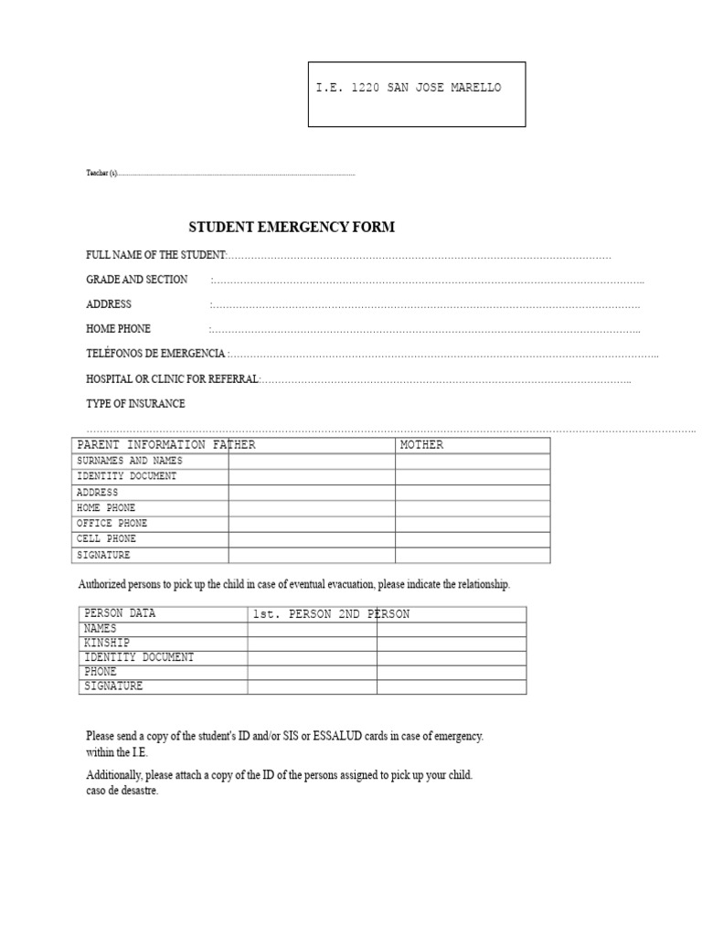 Student Emergency Information Sheet | PDF | Identity Document | Access Control