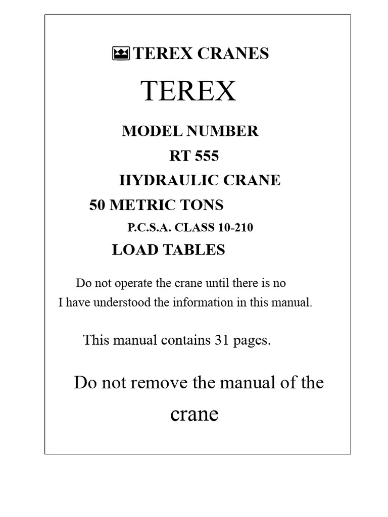 Terex RT 555 Hydraulic Crane Manual | PDF | Crane (Machine ...