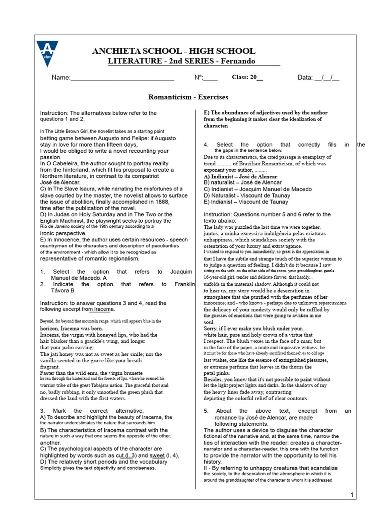 Romanticism Exercises 2018 ANSWER KEY | PDF