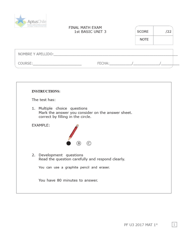 Basic Math Exam for First Graders | PDF